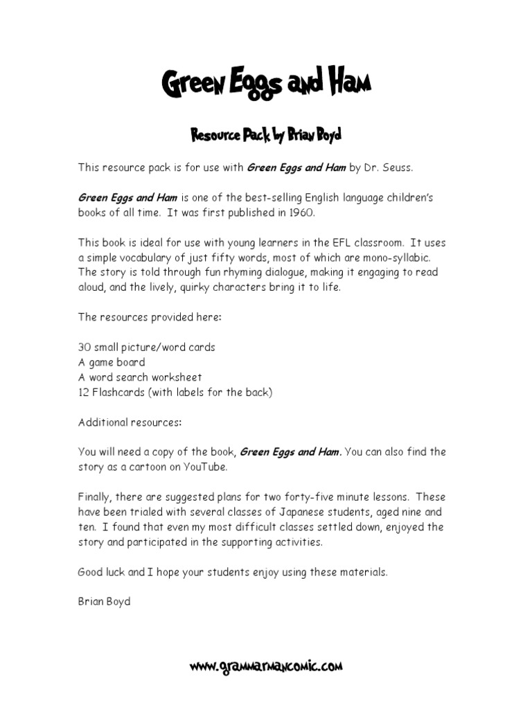 Green Eggs and Ham: Resource Pack by Brian Boyd | PDF | Vocabulary ...