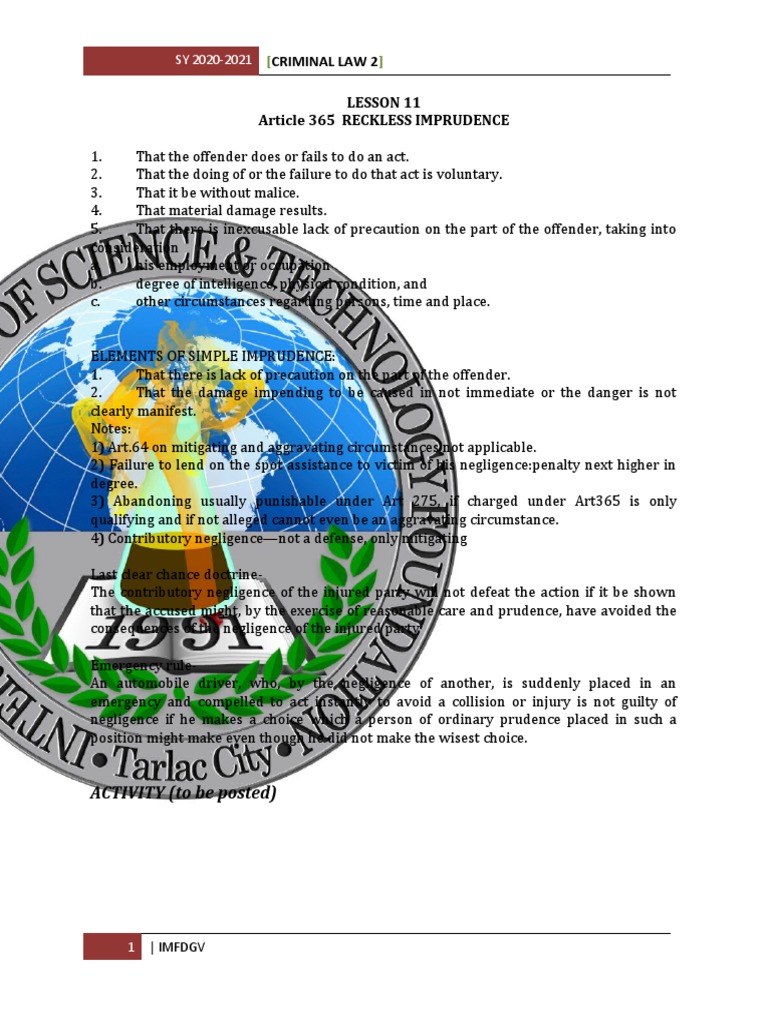 Criminal Law 2 Lesson 11 Article 365 Reckless Imprudence: ACTIVITY (To ...