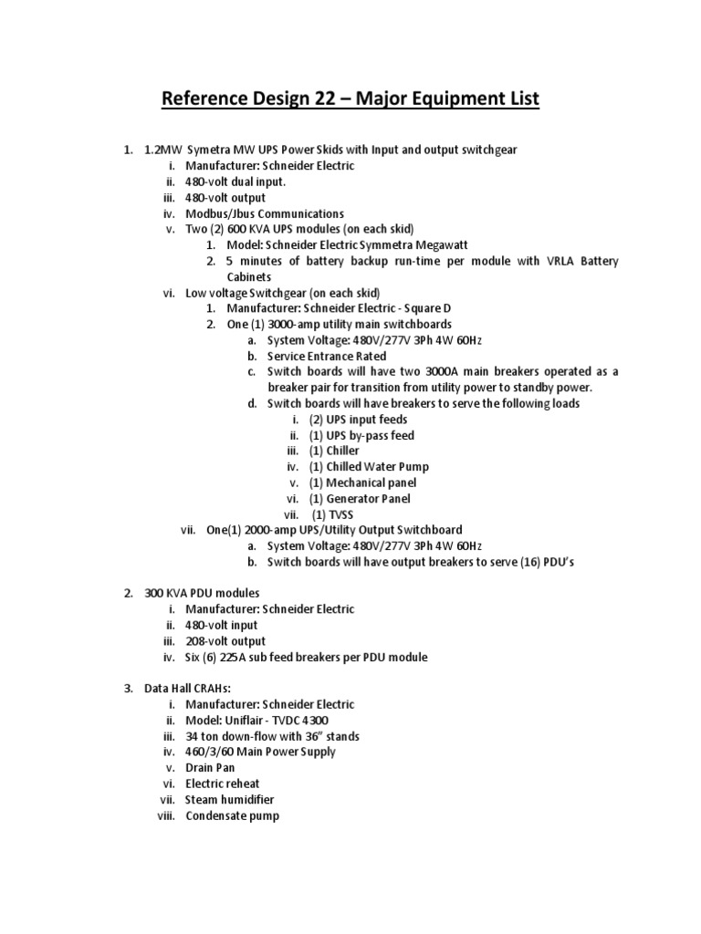 RD 22 - Major Equipment List | PDF | Electricity | Electrical Engineering