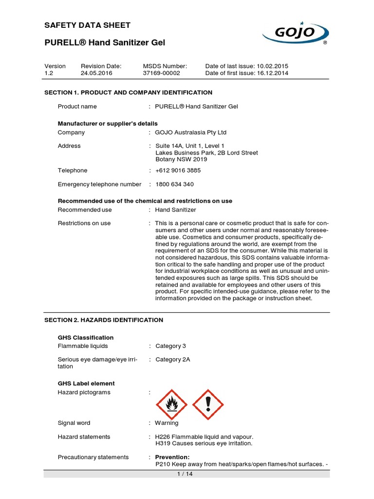 PURELL® Hand Sanitizer Gel: Safety Data Sheet | Download Free PDF ...