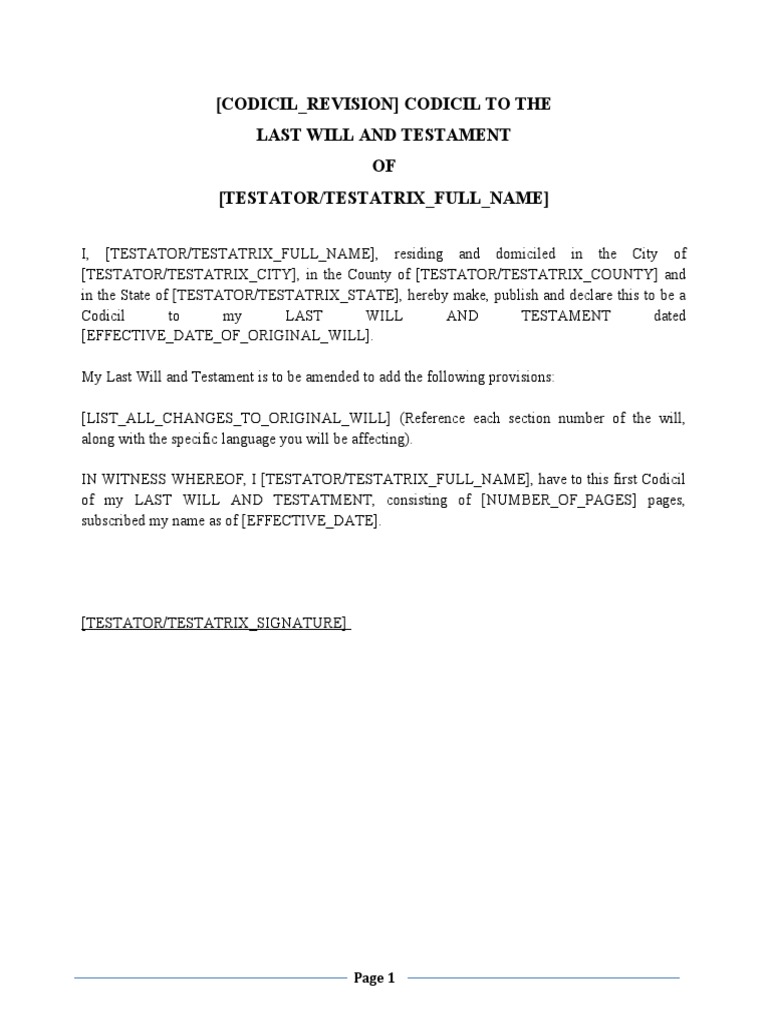 (Codicil - Revision) Codicil To The Last Will and Testament OF ...