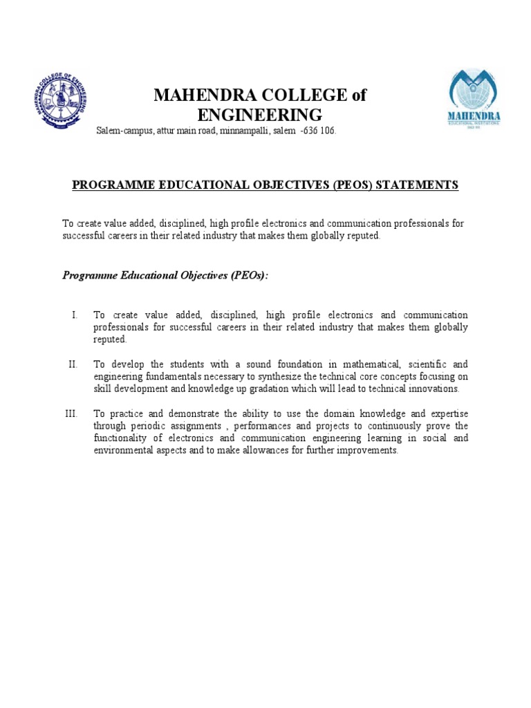 Mahendra College of Engineering: Programme Educational Objectives (Peos) Statements | PDF