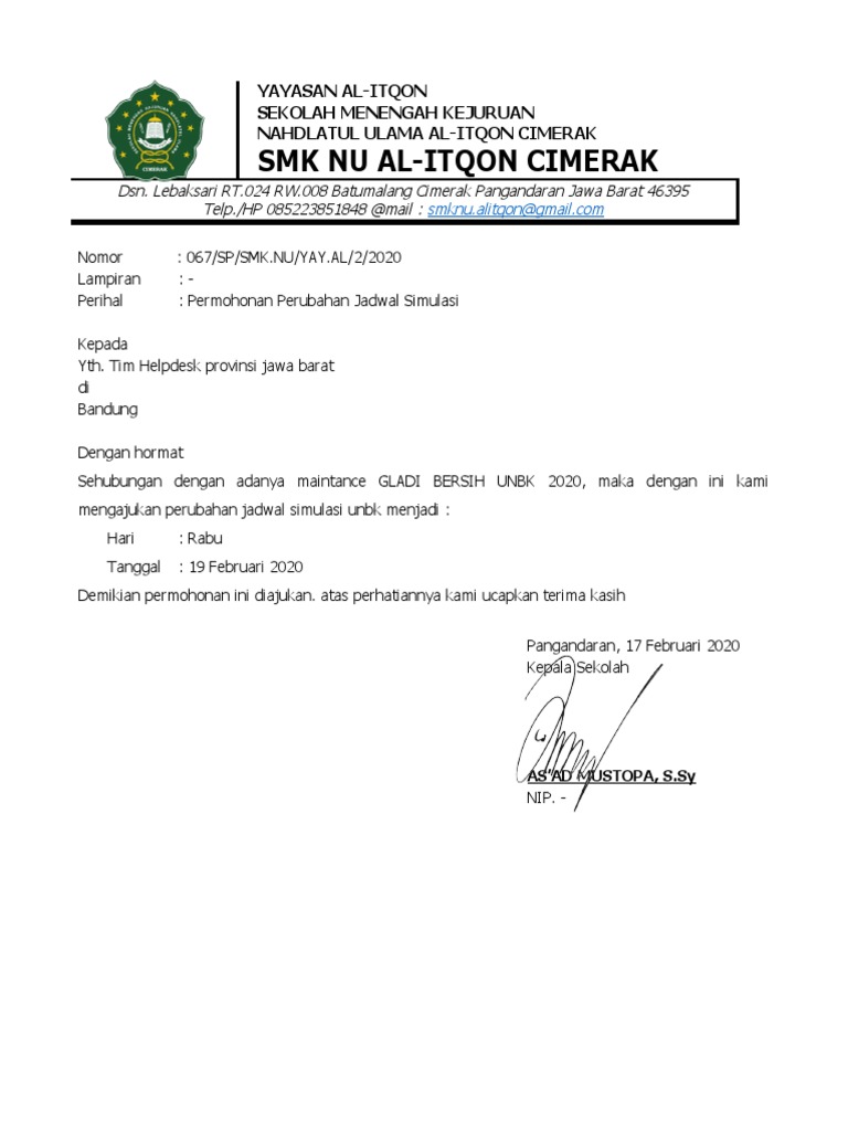 Surat Permohonan Perubahan Jadwal Unbk | PDF