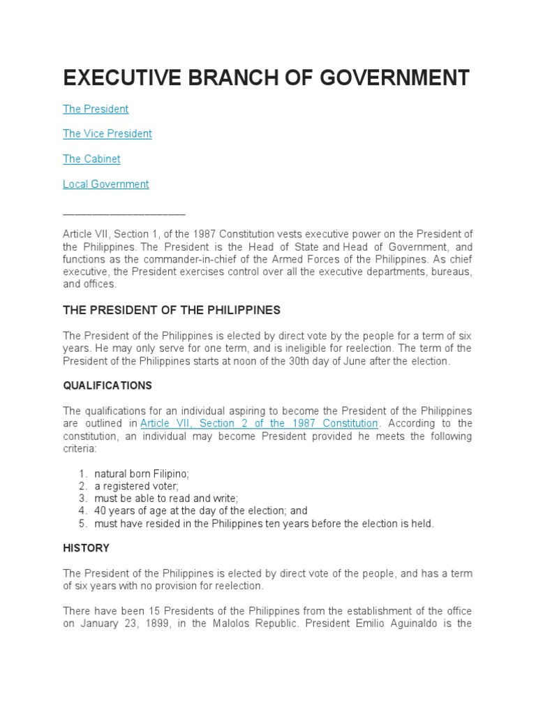Executive Branch of Government | PDF | President Of The Philippines ...