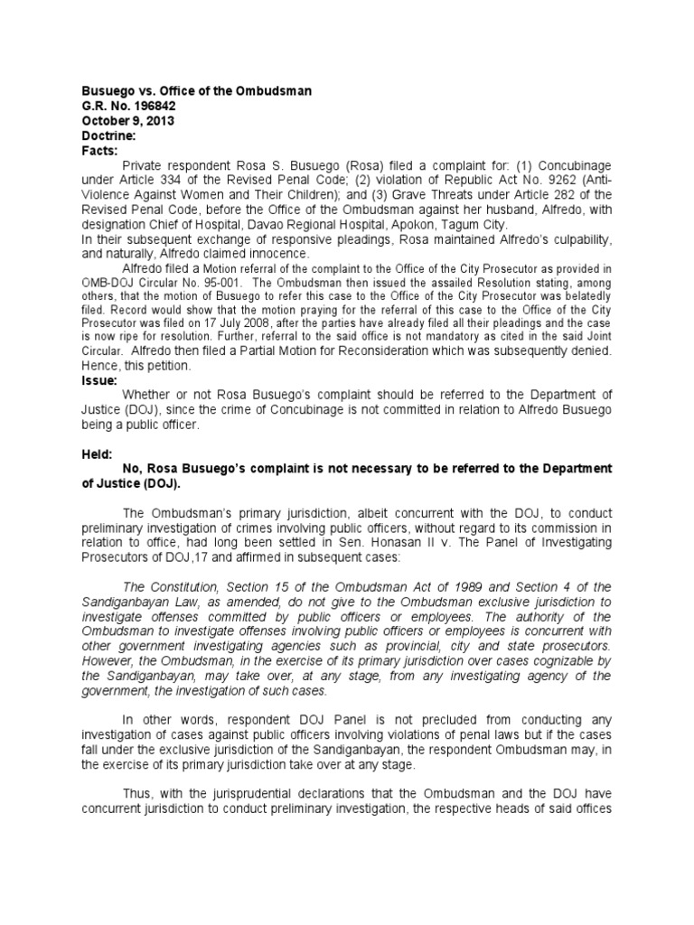 Busuego v. Ombudsman: Jurisdiction Ruling | PDF | Jurisdiction | Prosecutor