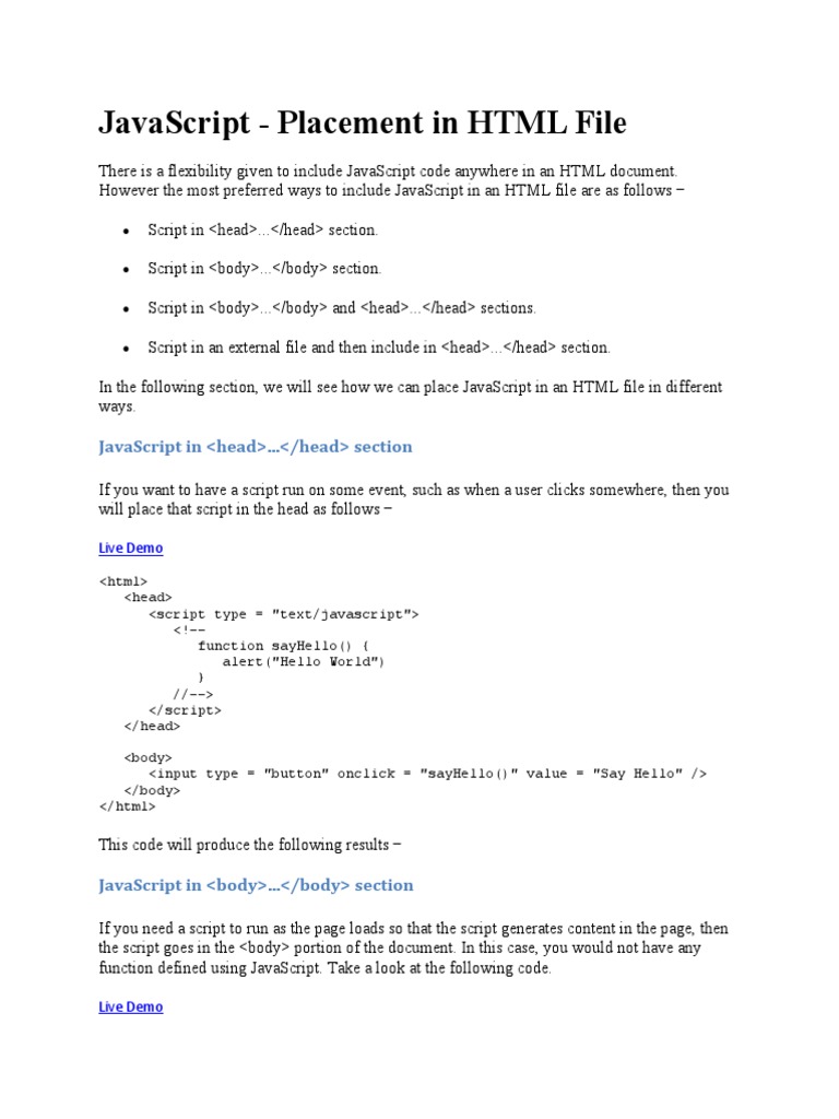 JavaScript - Placement in HTML File | PDF | Java Script | Html