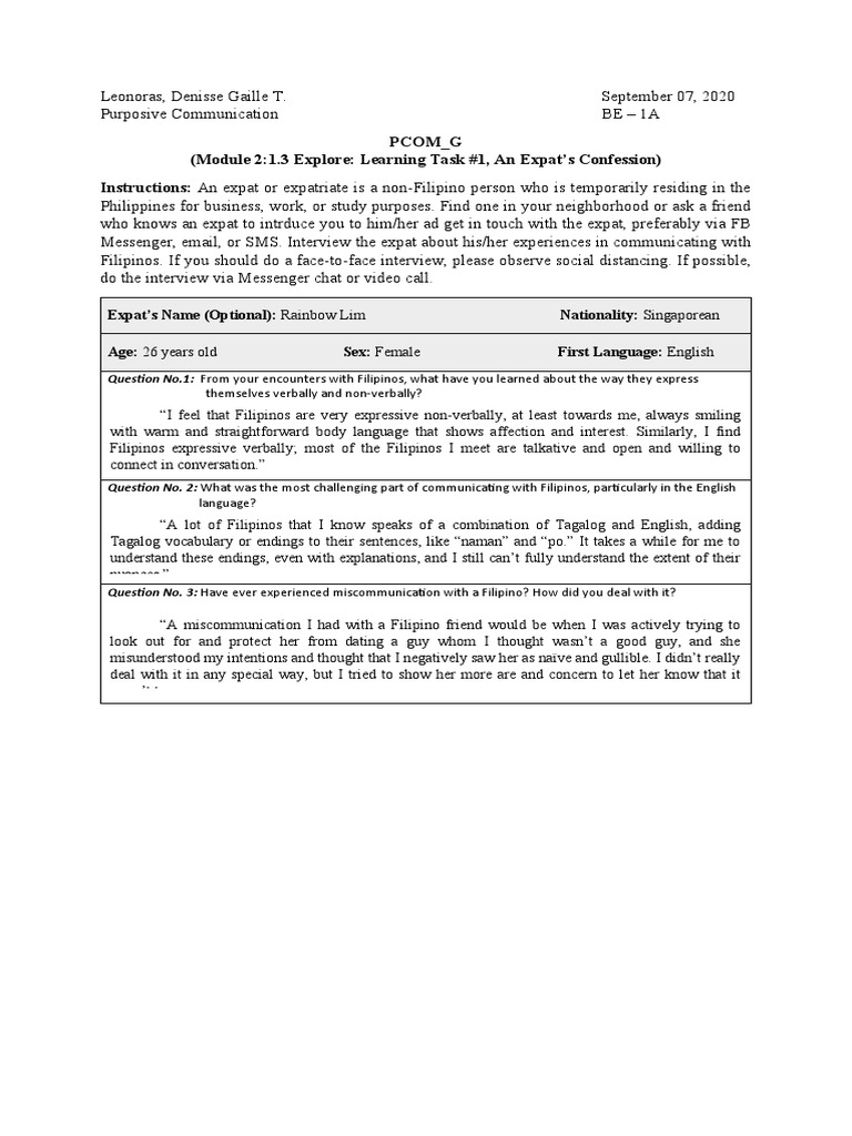 Leonoras - PCOM - G Sem 1 (Module 2, 1.3 Explore, Learning Task 1) | PDF | Cross Cultural ...
