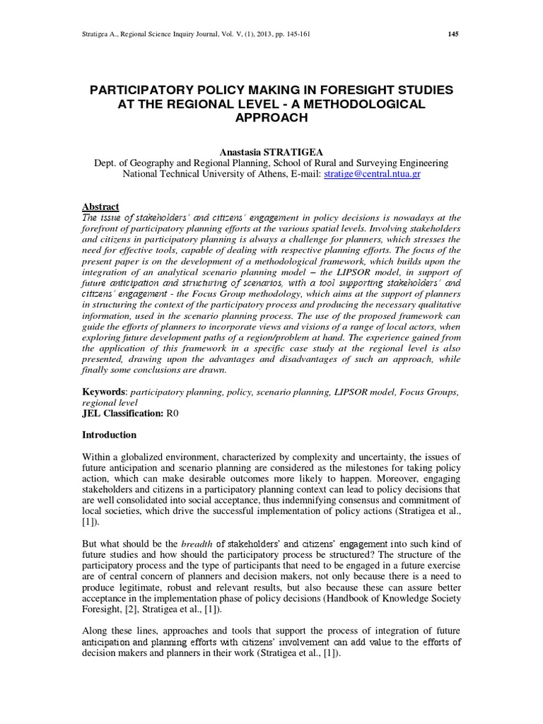 Participatory Policy Making in Foresight Studies at The Regional Level ...