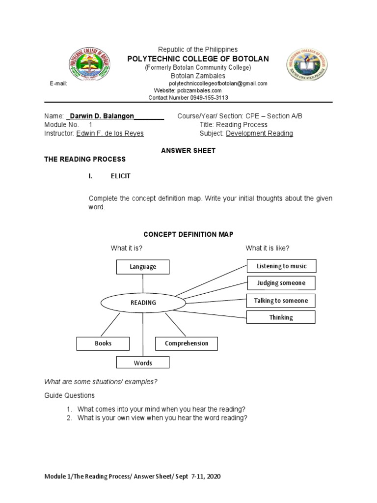 Polytechnic College of Botolan: Answer Sheet The Reading Process | PDF ...