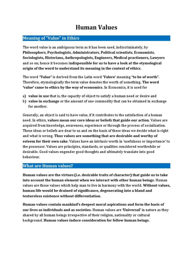 Human Values: Meaning of "Value" in Ethics | PDF | Value (Ethics ...