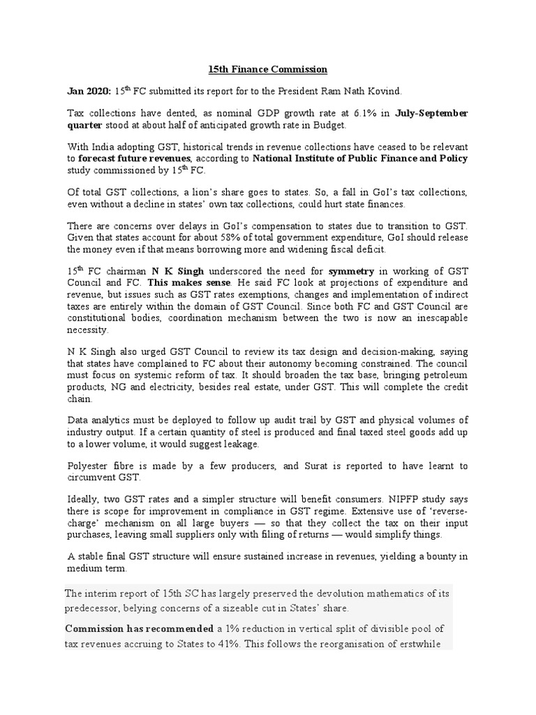 15th Finance Commission Report Analysis | PDF | Taxes | Value Added Tax