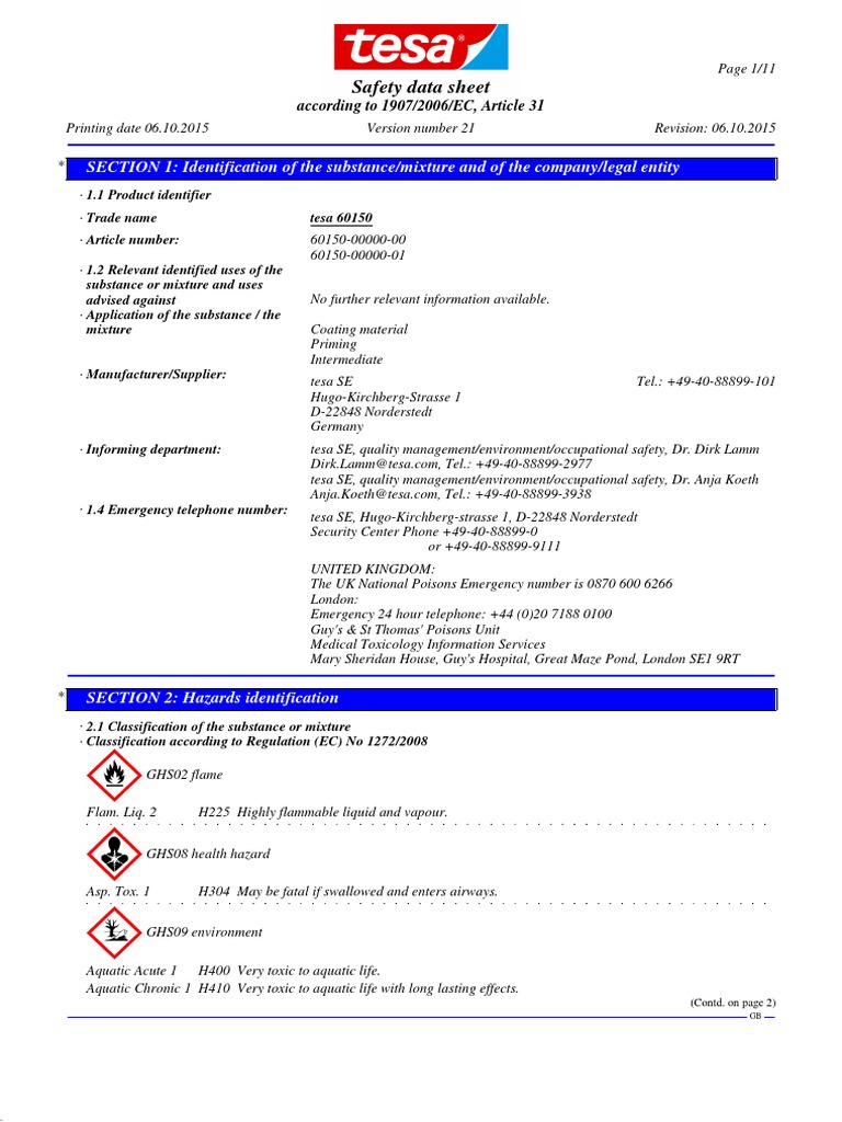 Tesa-60150 MSDS | PDF | Dangerous Goods | Toxicity