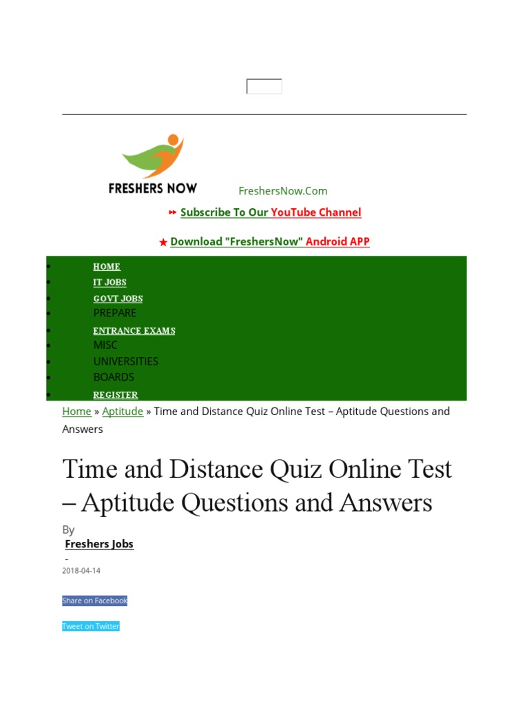 Time and Distance Quiz Online Test - Aptitude Questions and Answers | PDF