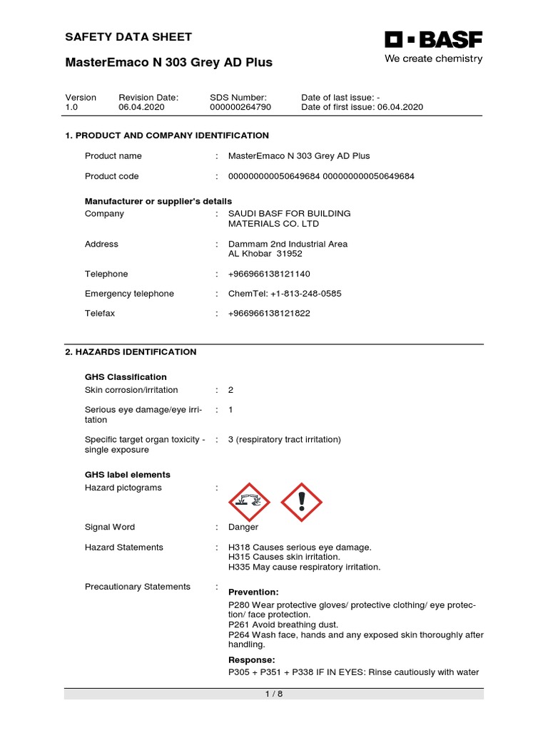 Masteremaco N 303 Grey Ad Plus Sds | PDF | Dangerous Goods | Prevention