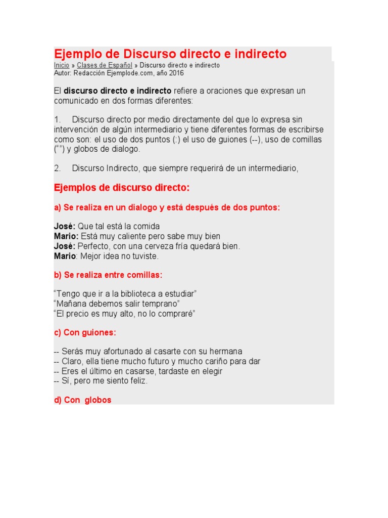 Ejemplo de Discurso Directo e Indirecto | PDF
