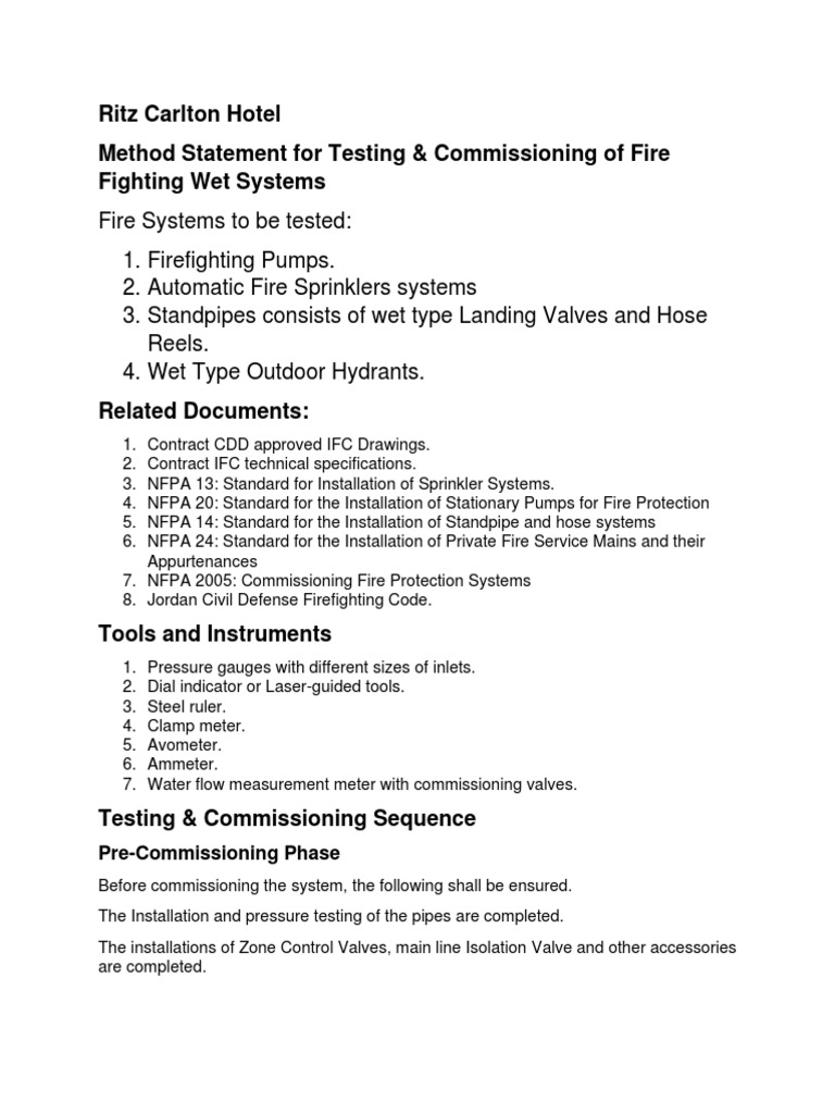 General Firefighting Wet Systems Method Statement For Testing