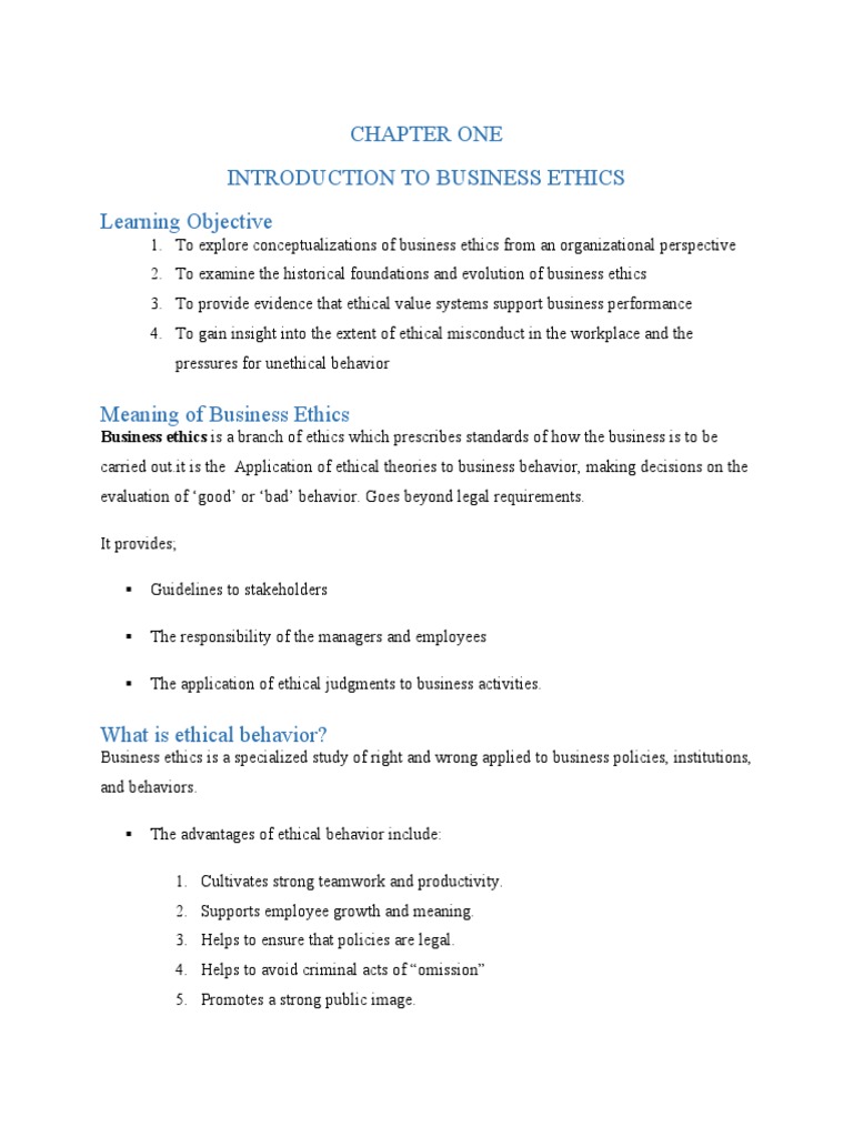 Chapter One Introduction To Business Ethics Learning Objective | PDF ...