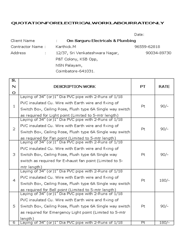 PDF Quotation For Electrical Work Labour Rate Only | PDF | Switch ...