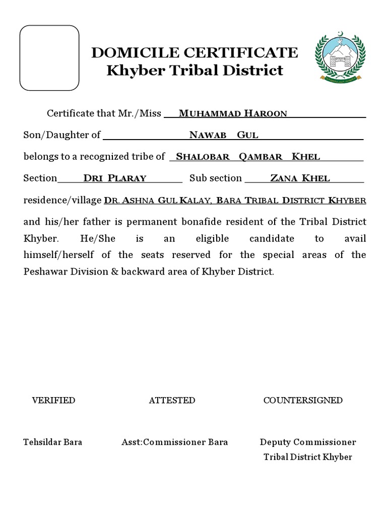 Domicile Certificate Khyber Tribal District: H G Q K P K | PDF