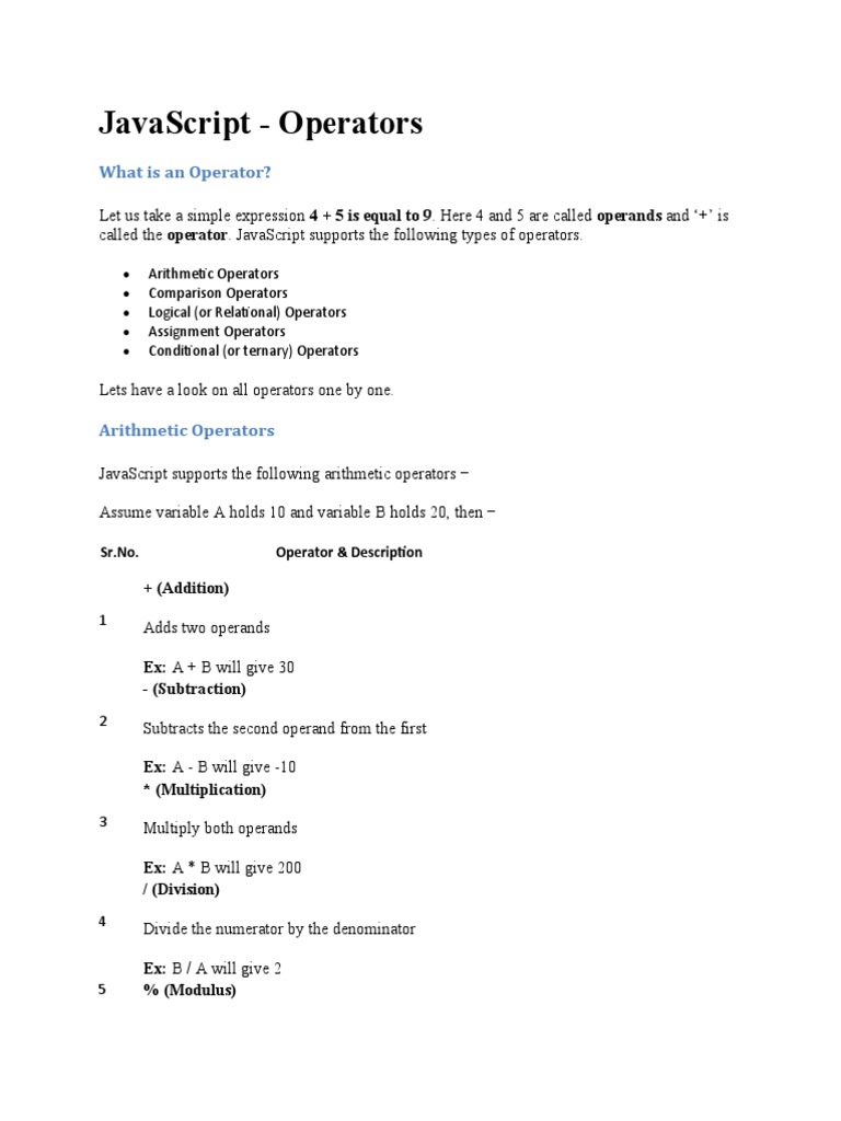 JavaScript - Operators | PDF | Boolean Data Type | Arithmetic JavaScript - Operators | PDF | Boolean Data Type | Arithmetic
