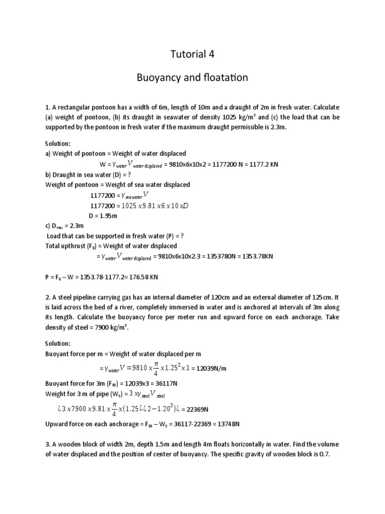 4 - Buoyancy and Floatation - Tutorial Solution | PDF | Buoyancy | Soft Matter