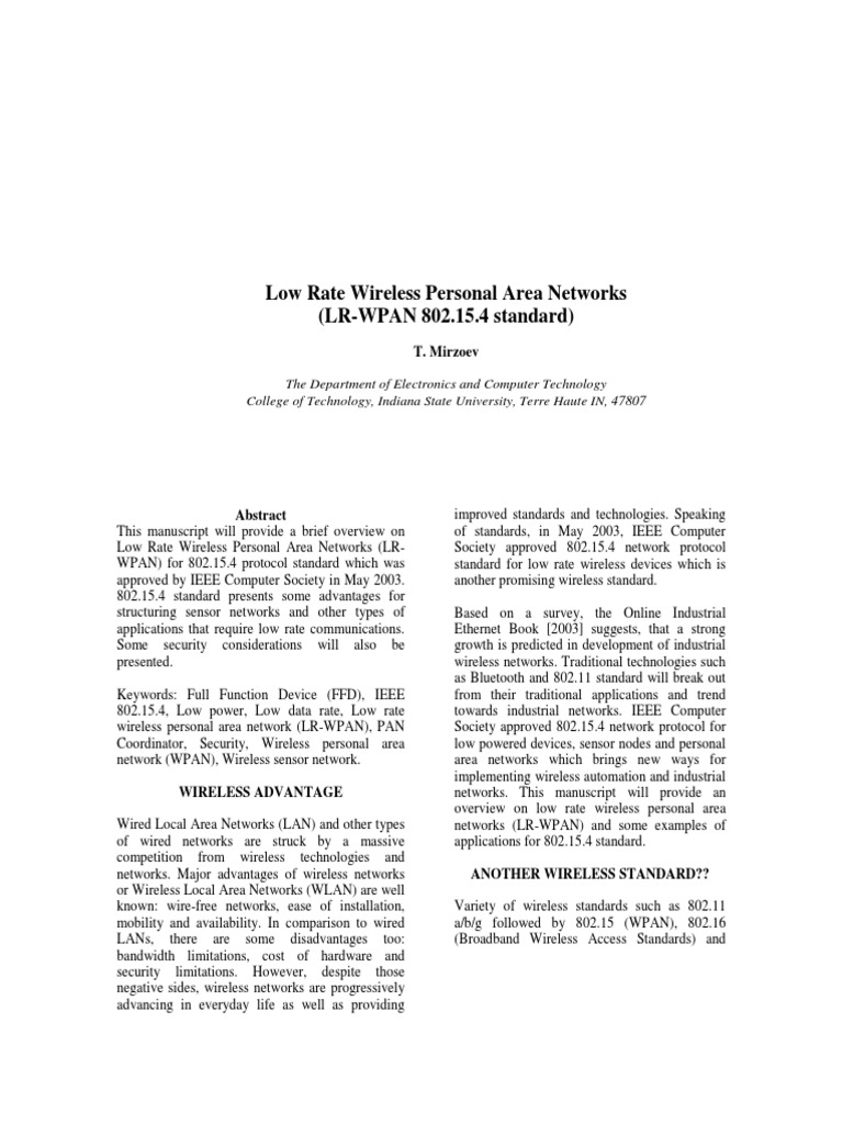 Low Rate Wireless Personal Area Networks (LR-WPAN 802.15.4 Standard ...
