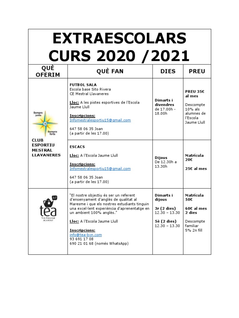 Extraescolars Curs 2020 Set | PDF