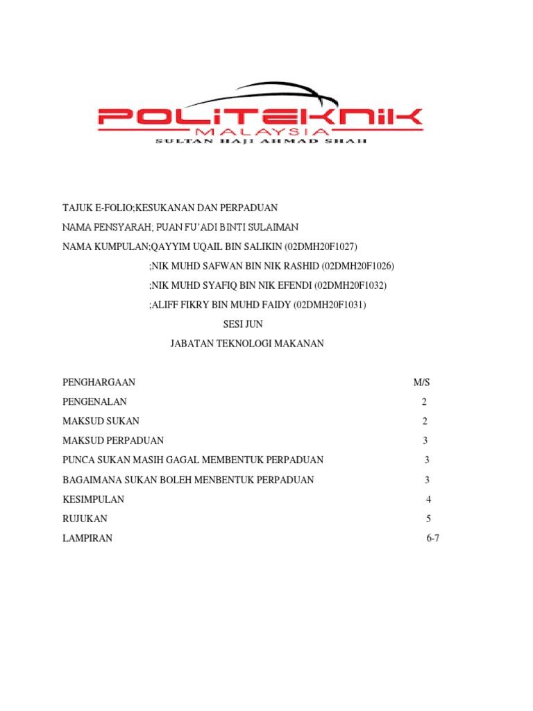 Kumpulan 6 E-Folio Sukan Dan Perpaduan PDF | PDF