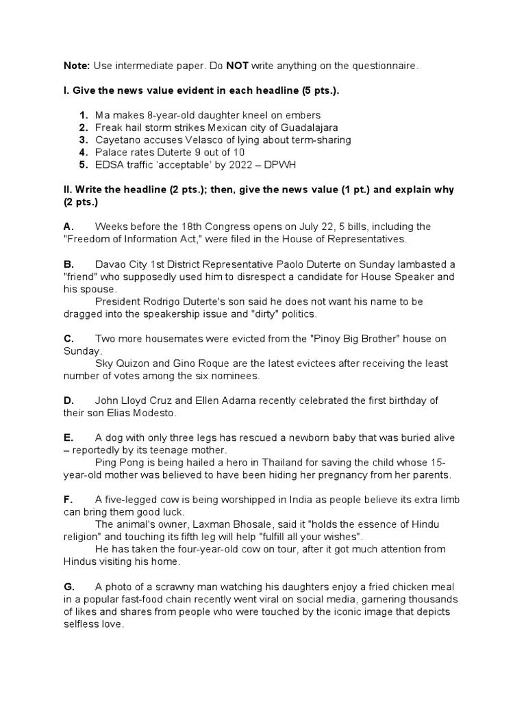 Advanced Journalism Quiz News Values | PDF