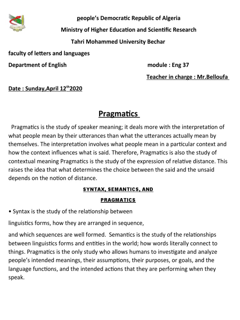 Pragmatics: Syntax, Semantics, and Pragmatics | PDF | Linguistics ...