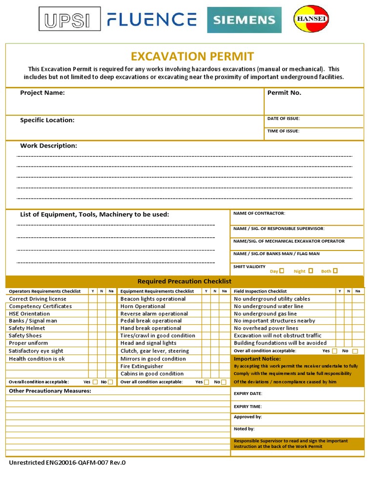 ENG20016-QAFM-007 Rev.0 - Excavation Permit | PDF | Road | Excavation ...