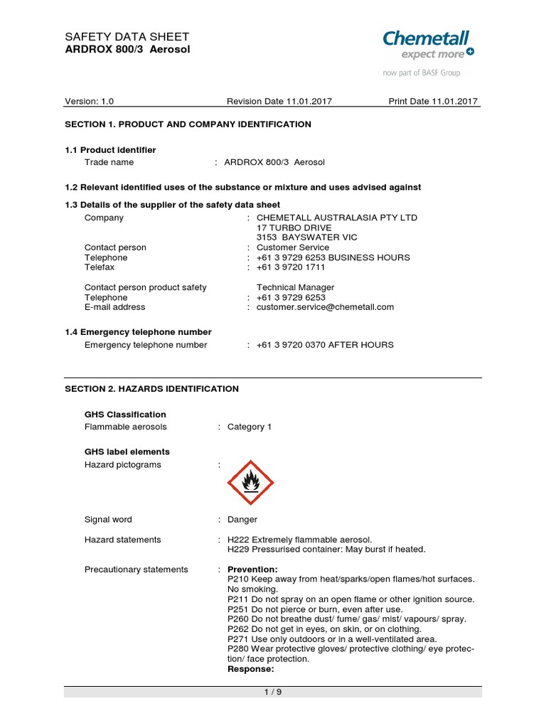 Safety Data Sheet: ARDROX 800/3 Aerosol | PDF | Toxicity | Dangerous Goods