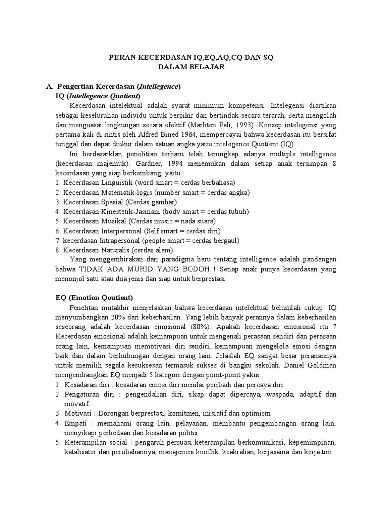 Peran Kecerdasan Iq, Eq, Aq, CQ Dan SQ Dalam Belajar | PDF Peran Kecerdasan Iq, Eq, Aq, CQ Dan SQ Dalam Belajar | PDF