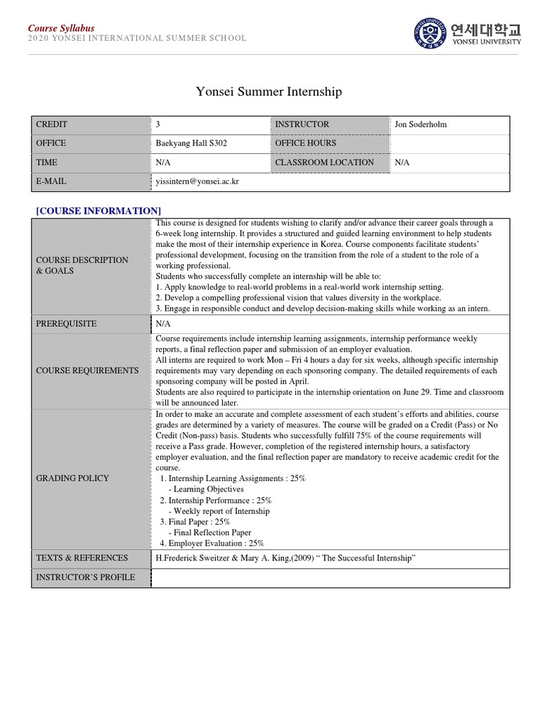 Yonsei Summer Internship Syllabus 2020 PDF | PDF | Internship | Job Hunting