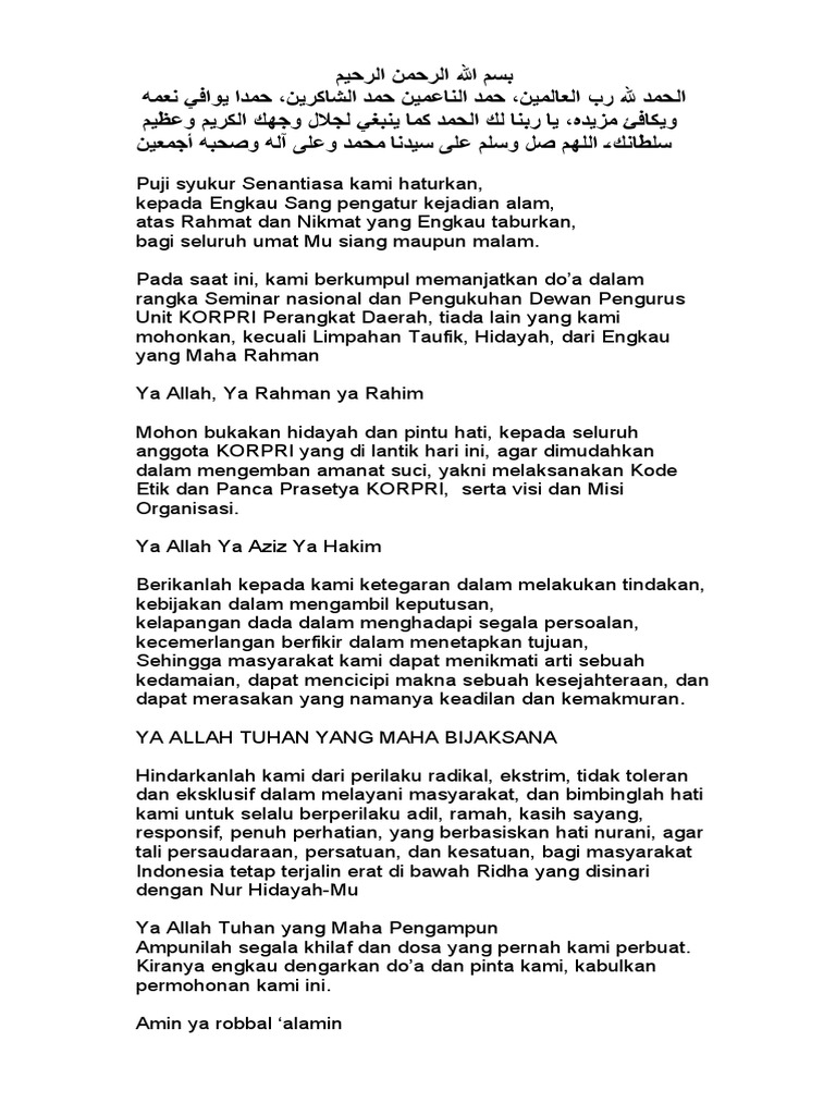 Doa Seminar Nasional Pengukuhan DWN Pngurus Korpri | PDF