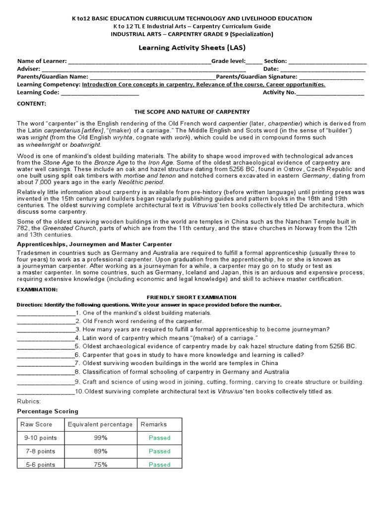 Learning Activity Sheets (LAS) : K To 12 TL E Industrial Arts ...