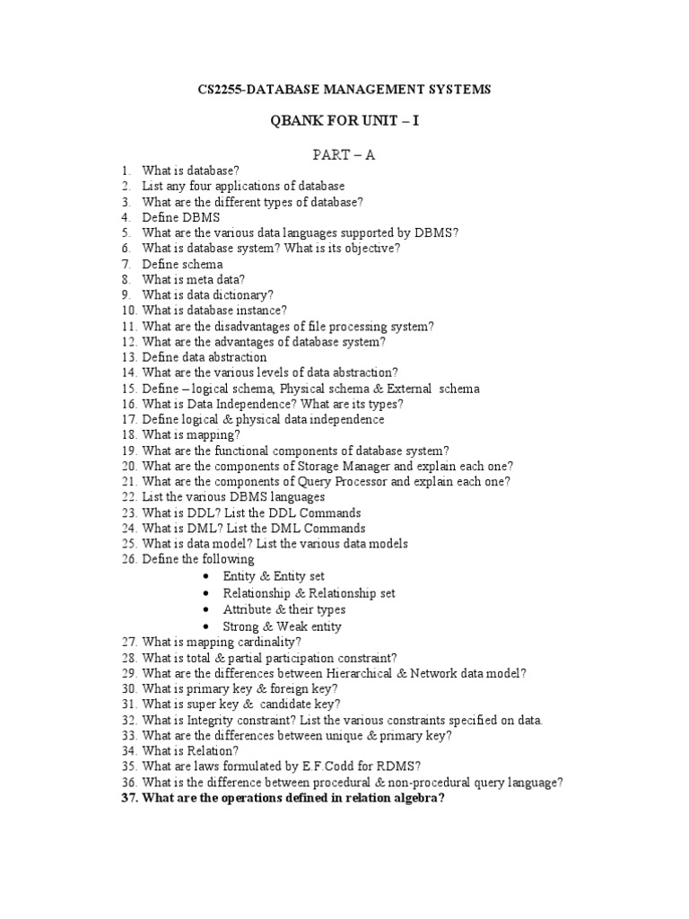 Cs2255-Database Management Systems: Qbank For Unit - I | PDF | Relational Model | Databases
