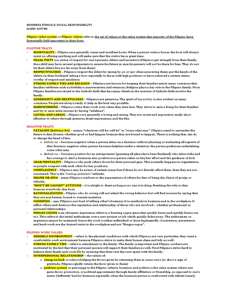 Handout 4 - Filipino Values | PDF | Philippines | Attitude (Psychology)