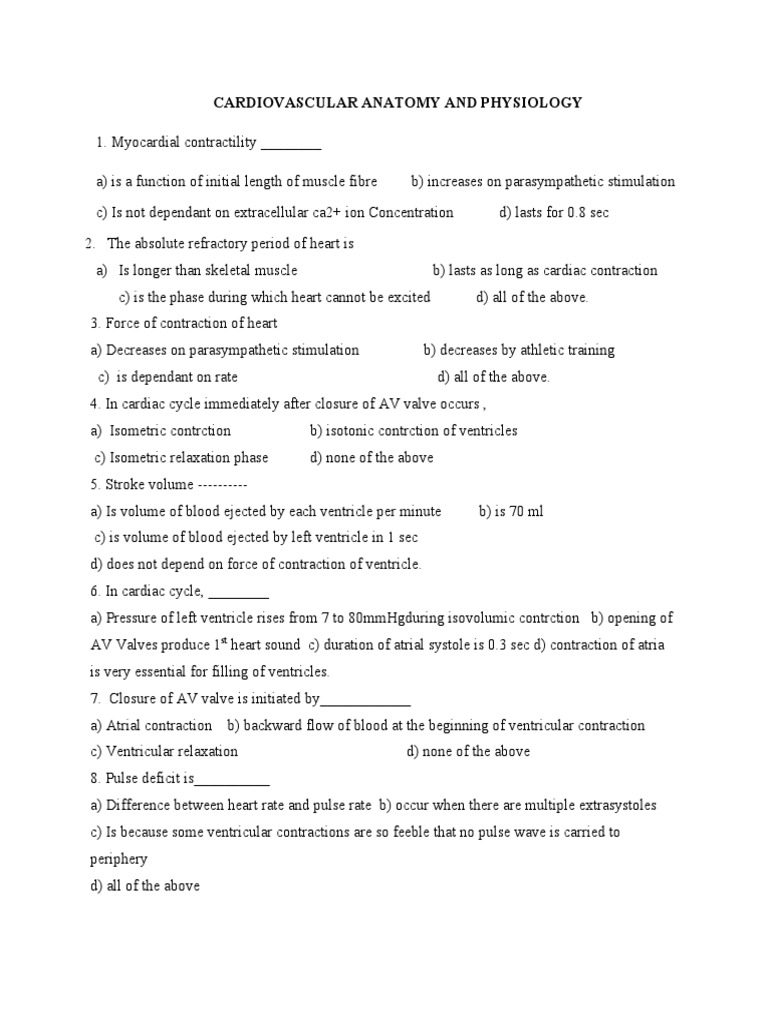 CARDIOVASCULAR ANATOMY AND PHYSIOLOGY Test | PDF | Heart | Heart Valve