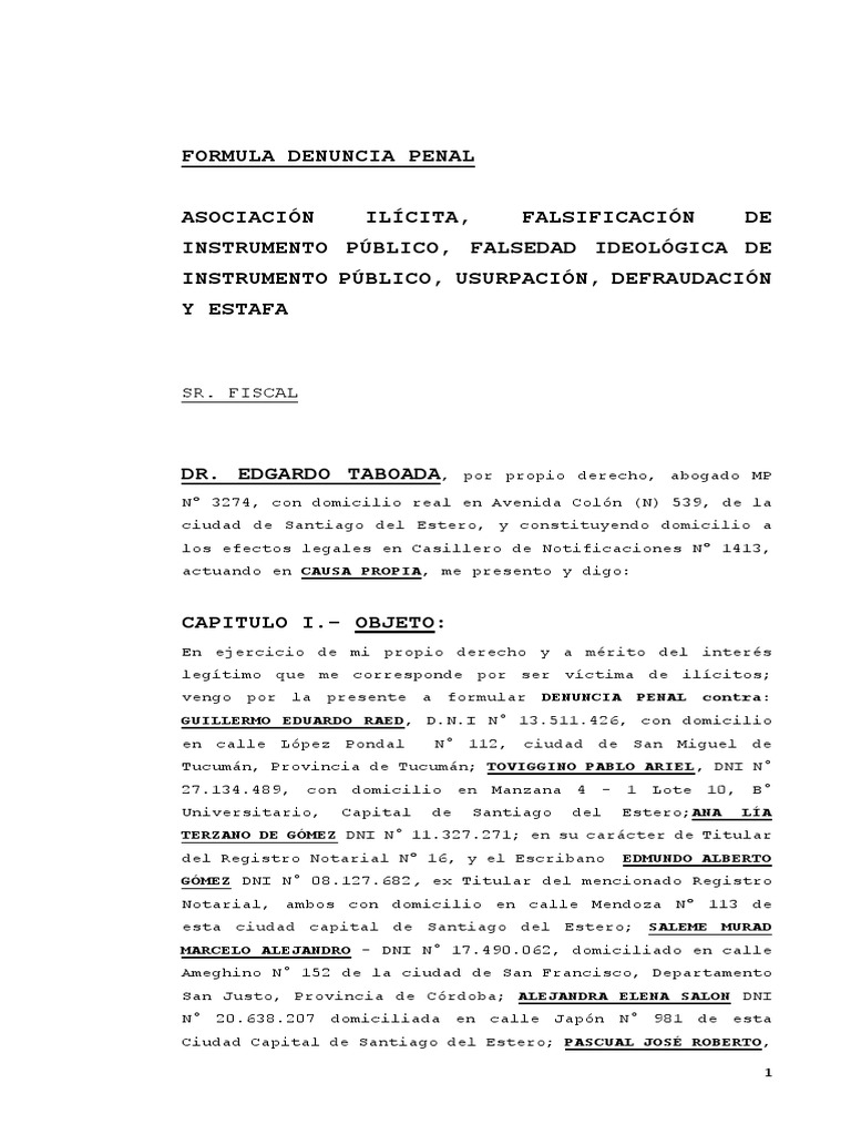 DENUNCIA FINAL 31 Julio 2019 Contra Empresarios Escribanos Jueces y Fiscales de Santiago Del ...