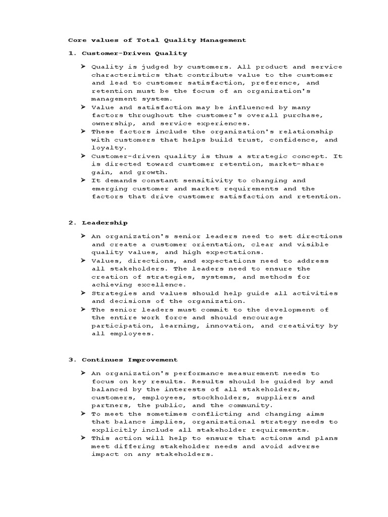 Core Values of Total Quality Management 1. Customer-Driven Quality ...