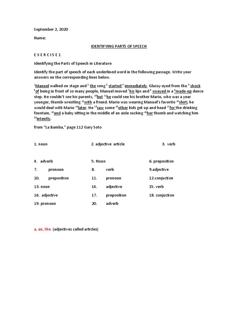 Identifying Parts of Speech September 2 | PDF | Language Arts ...