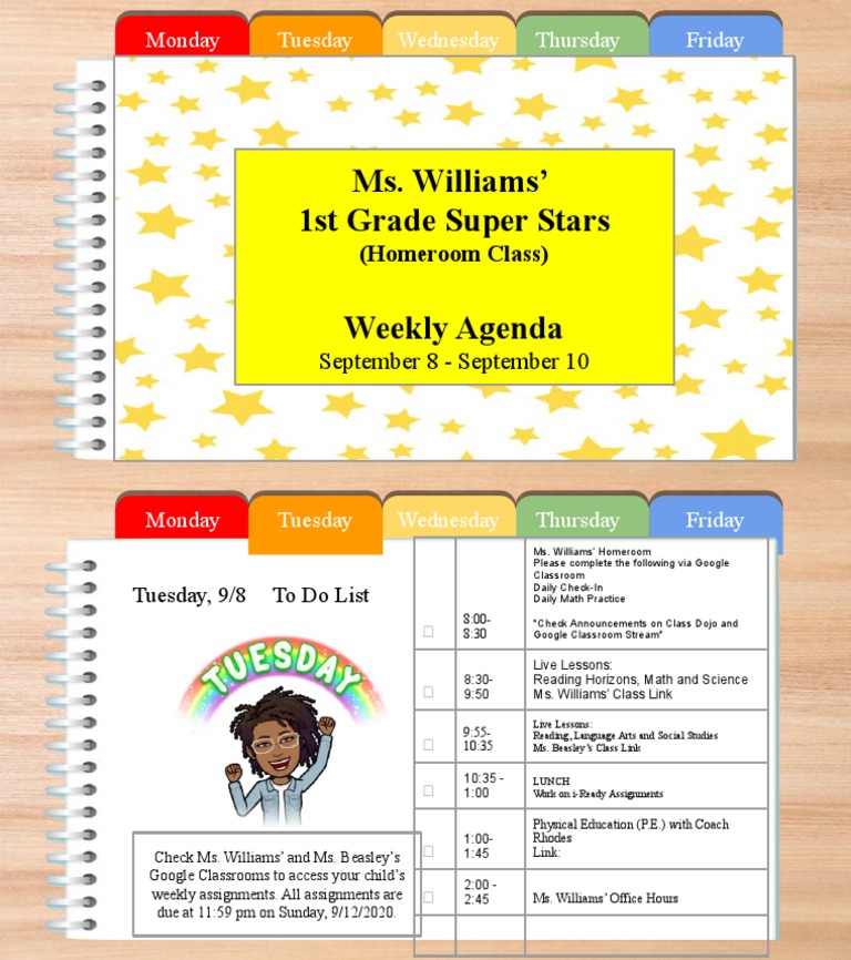 Ms. Williams' 1st Grade Super Stars Weekly Agenda: Tuesday Wednesday ...