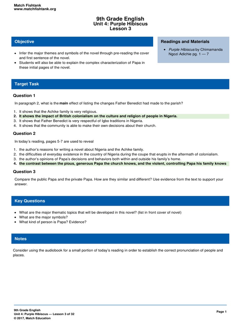 Match 9th Grade English Unit 4 Lesson 3 | PDF