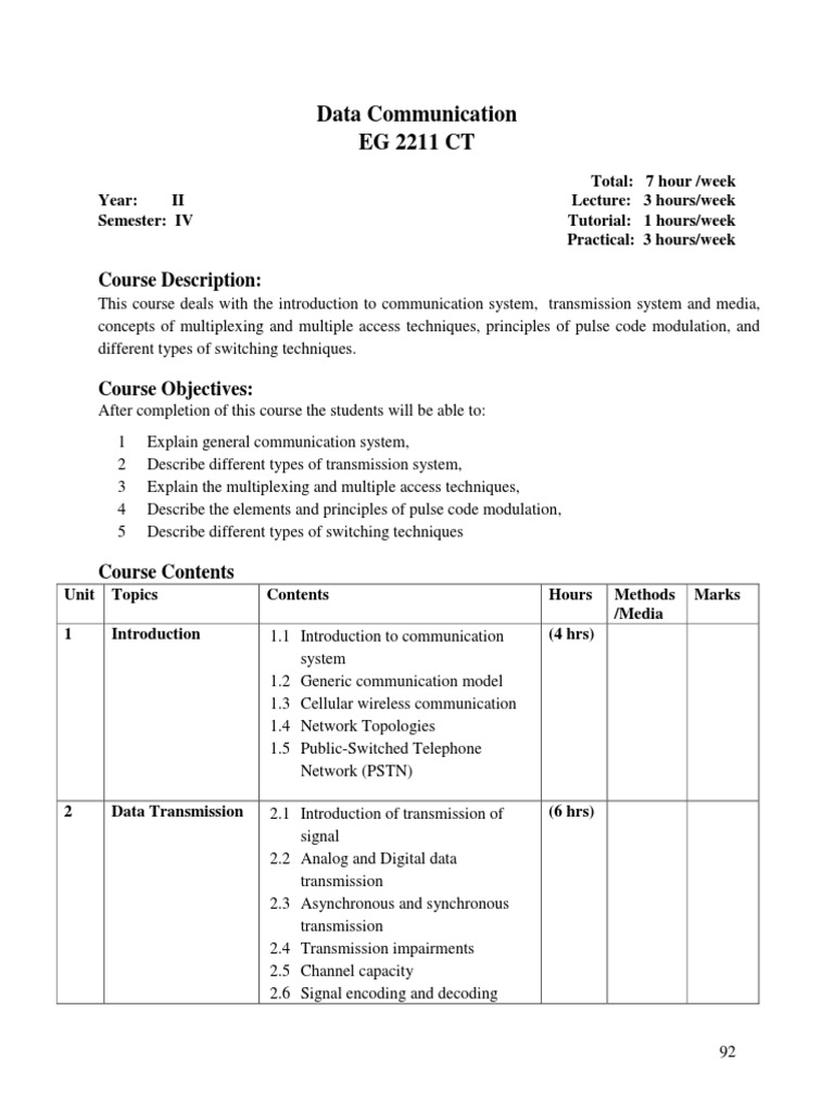Data Communication EG 2211 CT: Course Description | PDF | Transmission ...