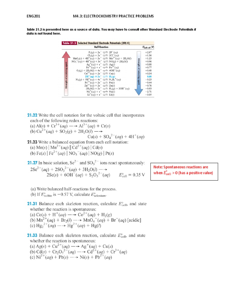 ENG201 M4.3: Electrochemistry Practice Problems | PDF | Teaching ...