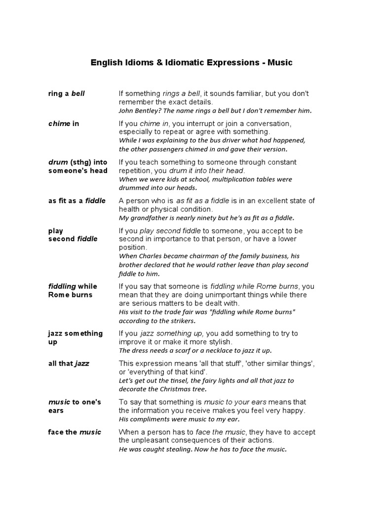English Idioms & Idiomatic Expressions - Music: Ring A Bell | PDF ...