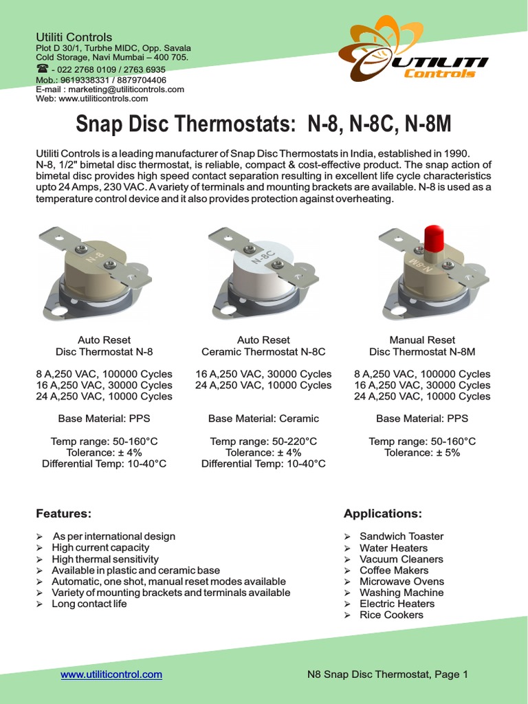 Snap Disc Thermostats for Appliances | PDF | Thermostat | Switch