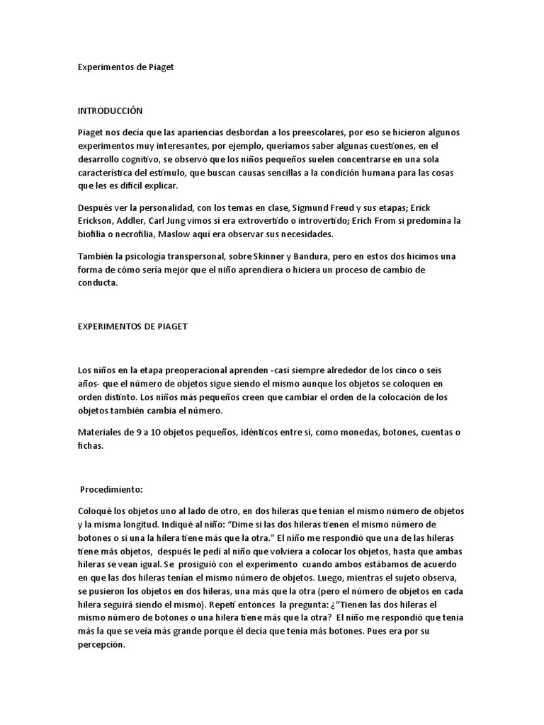 Los experimentos de Piaget sobre el desarrollo cognitivo infantil | PDF | Desarrollo cognitivo ...