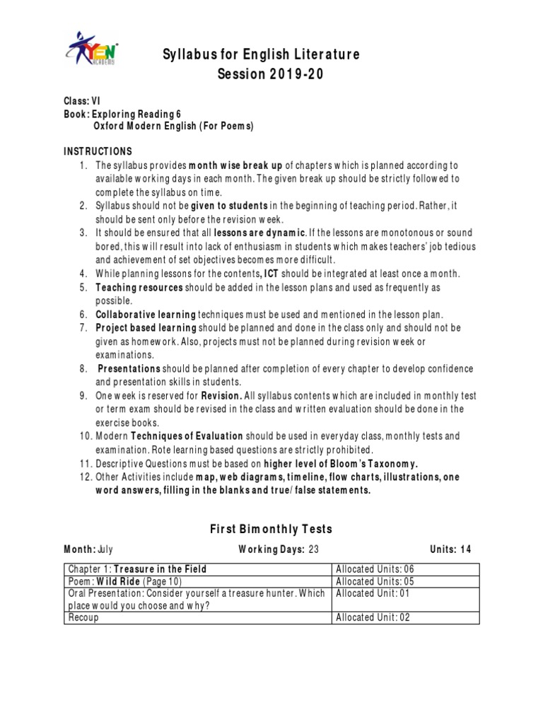 Syllabus For English Literature Session 2019-20 | PDF | Lesson Plan ...